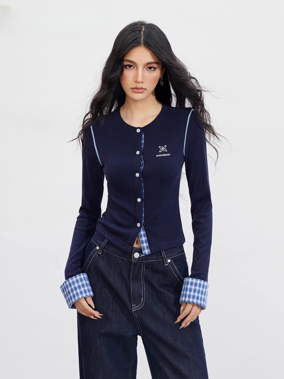MacyMccoy Navy Plaid Embroidered Knit Top – CHINANIO